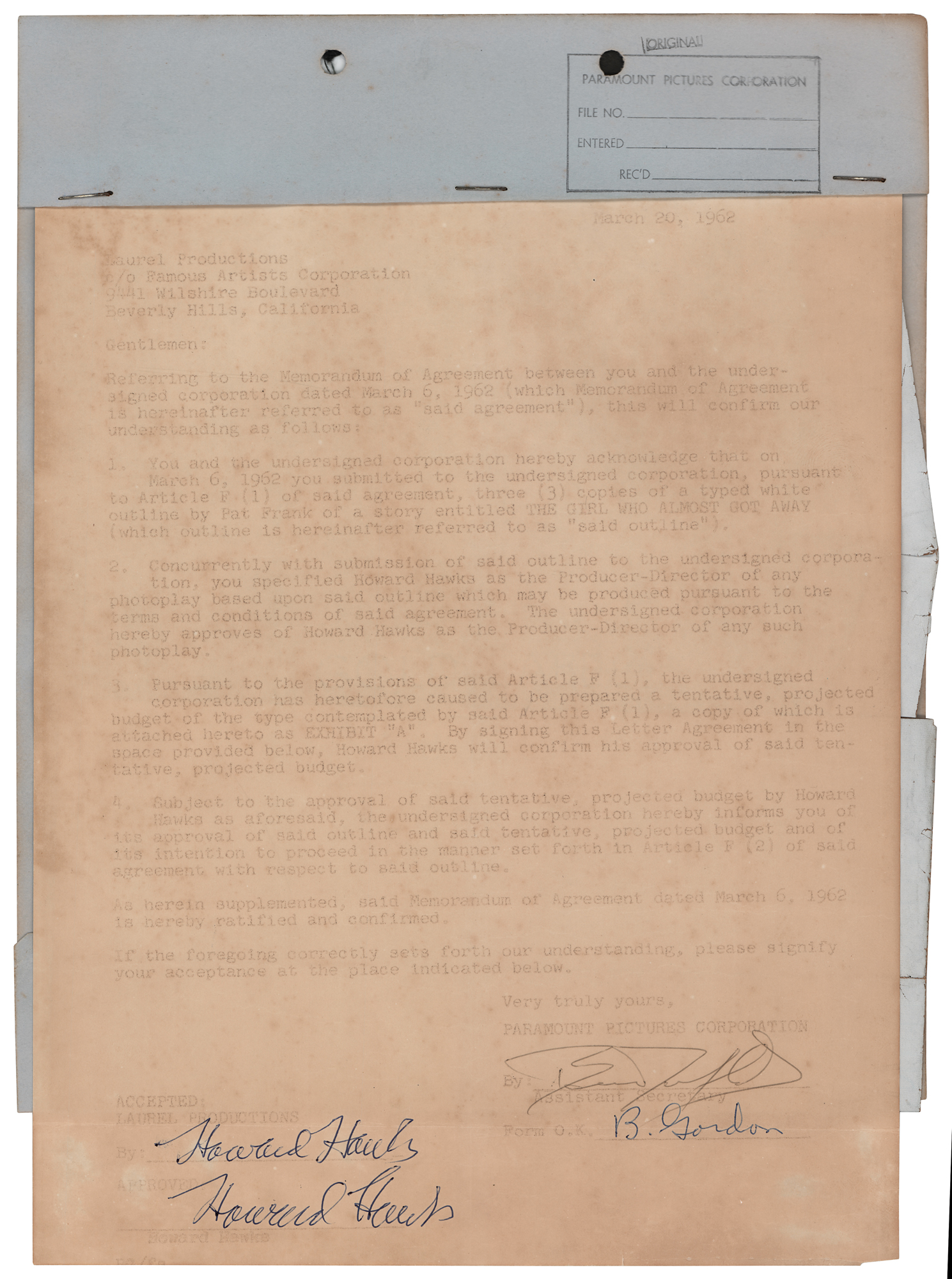 Howard Hawks Twice-Signed Movie Contract for Man's Favorite Sport?