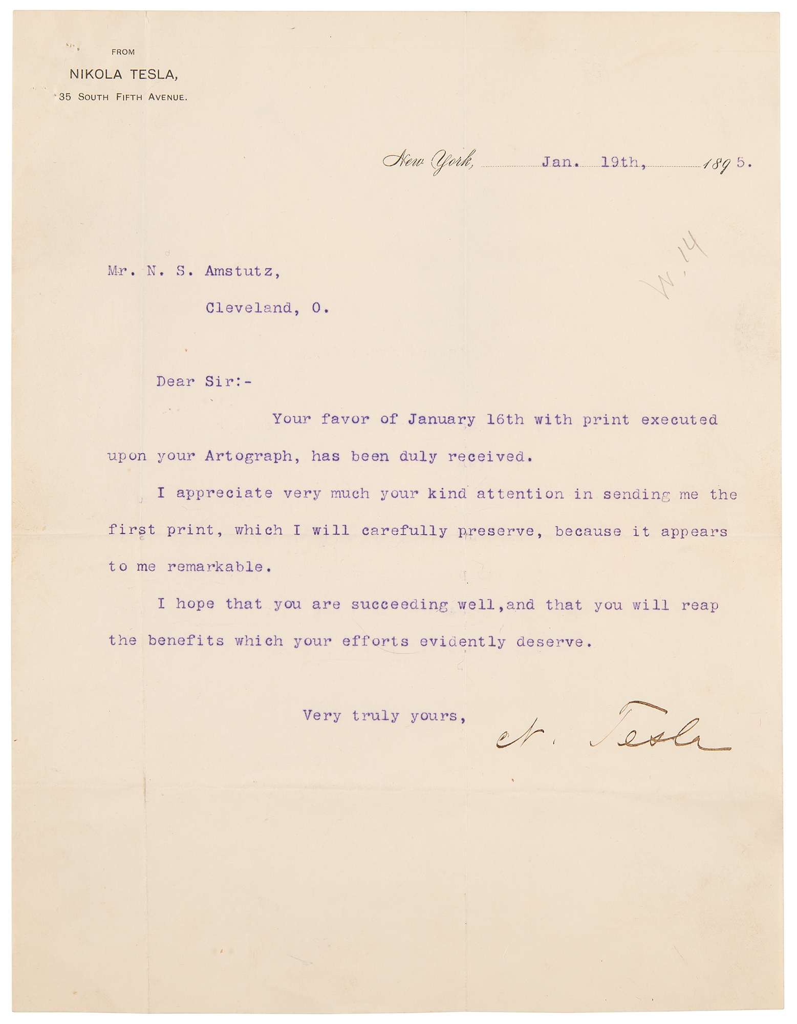 Nikola Tesla Typed Letter Signed to Telegraphy Pioneer Noah Steiner
